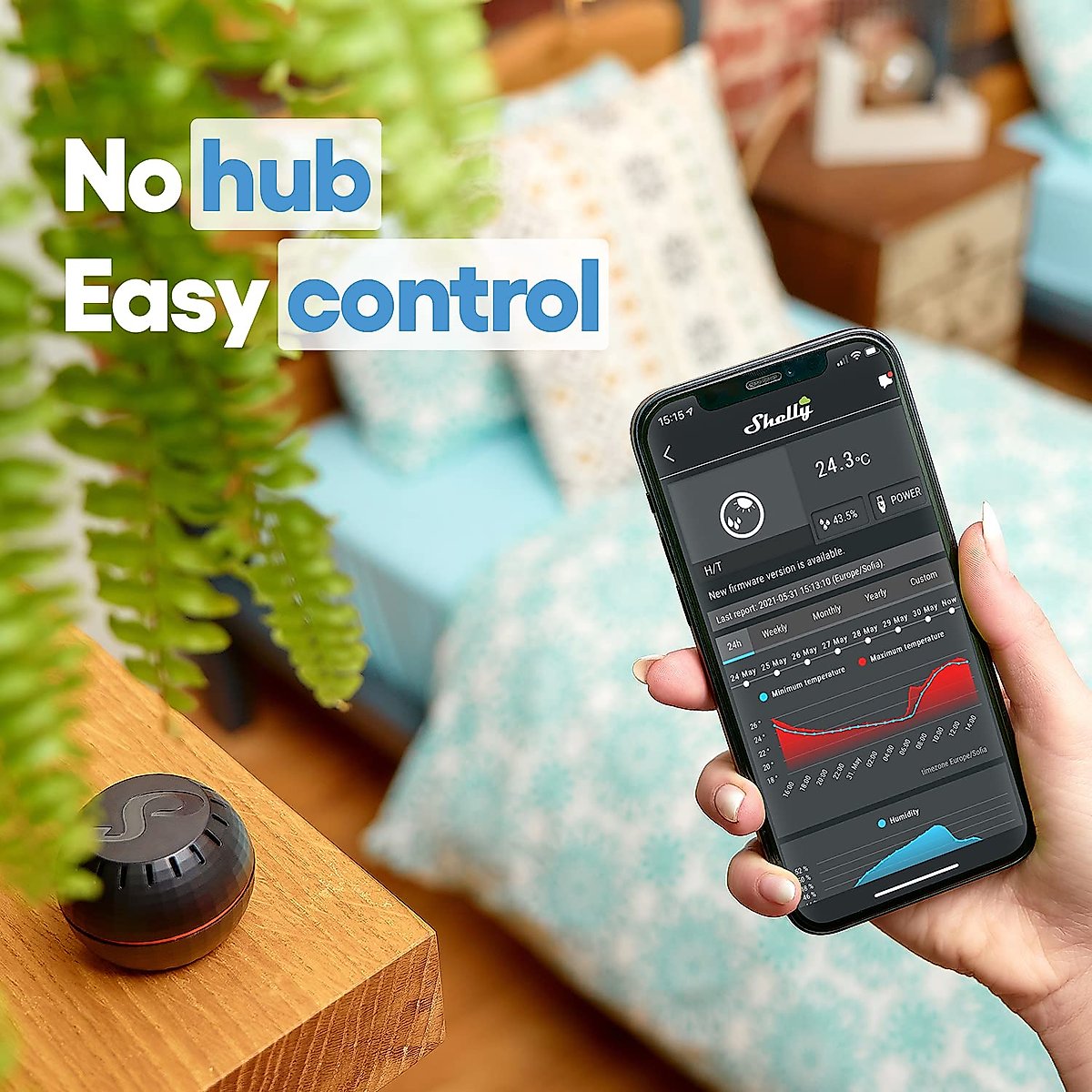 Shelly H&T - Black, Humidity and Temperature Sensor, Compact Size, Smart WiFi, Hygrometer Monitor, Home Automation iOS Android Application, Over 1 Year Battery, 4 Pack
