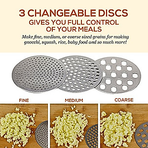 Stainless Steel Potato Ricer – Manual Masher for Potatoes, Fruits, Vegetables, Yams, Squash, Baby Food and More - 3 Interchangeable Discs for Fine, Medium, and Coarse, - Easy To Use - by Tundras