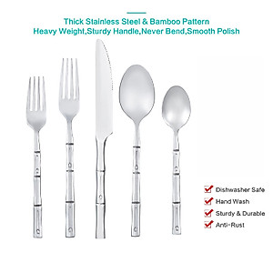 Flatasy Silverware Set Silver Bamboo Handle Flatware Stainless Steel Heavy Cutlery Set 20 Pieces Mirror Polished Spoons Forks and Knives Service for 4