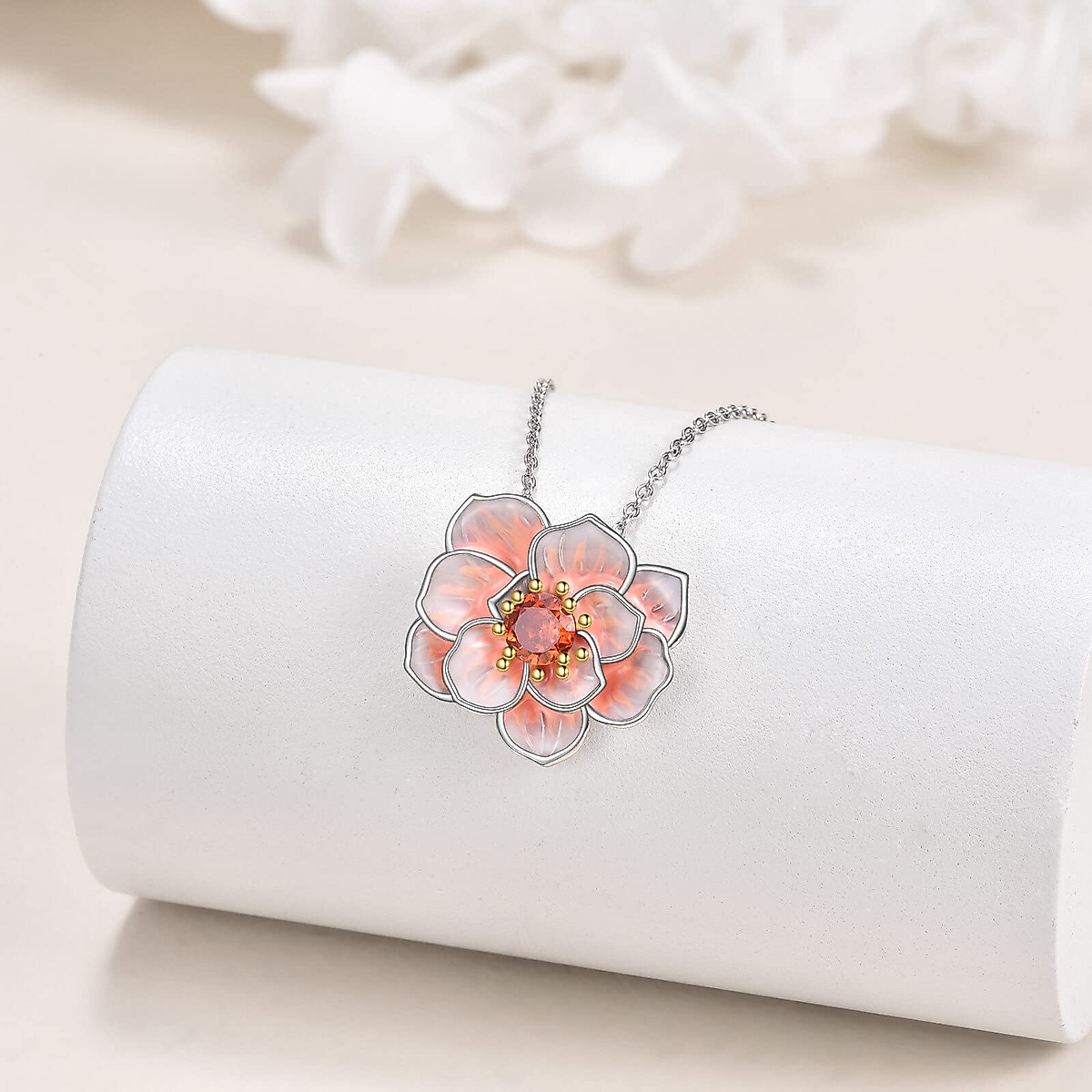 YFN Pink Peony Flower Pendant Necklace Sterling Silver Enamel Flower Jewelry Gifts for Women Mother Gifts