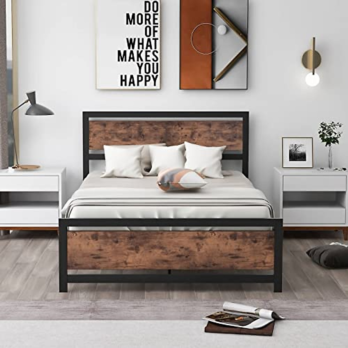Epinki Metal and Wood Bed Frame with Headboard and Footboard, Full Size Platform Bed, No Box Spring Needed, Easy to Assembly Black