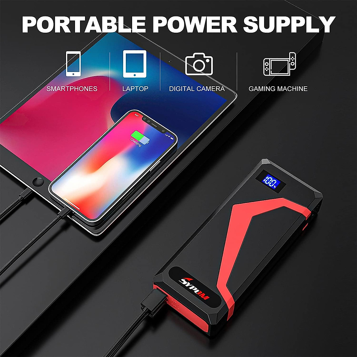 SYPOM 4150A Peak Jump Starter Battery Pack - 12V Jump Box for All Gas/Up to 12L Diesel - Dual USB Power Bank, Emergency Light (Red)