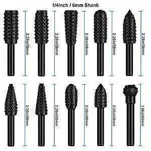 EEEkit 10PCS Wood Carving File Rasp Drill Bit, 1/4" 6mm Rotary Rasp Drill Bit Set, DIY Woodworking Rotating Embossed Chisel Shaped Shank Tool Burr Power Tools for Engraving Polishing Grinding