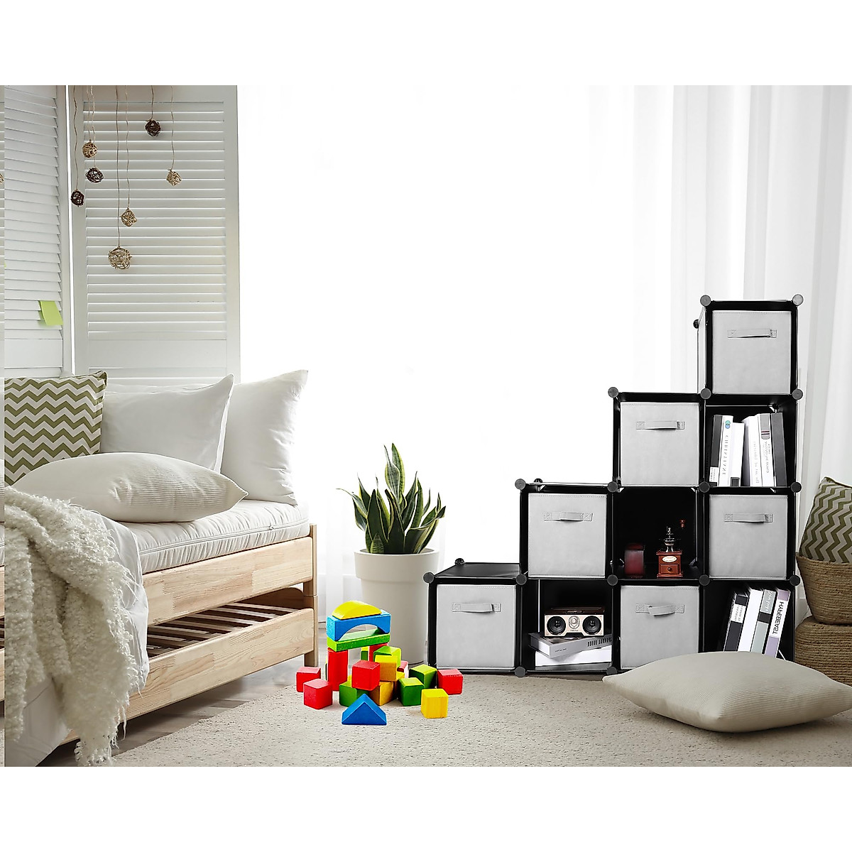 Roshtia 12 Cube Storage Organizer and 12 Collapsible Fabric Storage Cube Bins, Closet Organizer and Storage Shelf DIY Plastic Modular Bookcase Bookshelf Bedroom Garment Racks Home Office, Black, Gray