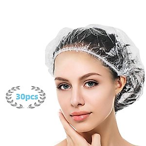 YIZIJIZI 30PCS Disposable Shower Caps, Large Thick Clear Waterproof Shower Cap for Women, large Size 20.5", Home Use, Spa, Hotel and Hair Salon, Clear Shower Caps for Travel