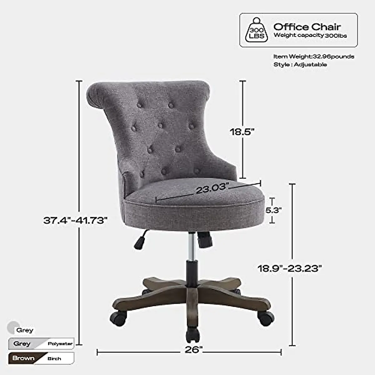 Batohom Home Office Chair Adjustable Height Swivel Chair with Wheels Linen Fabric Upholstered Computer Desk Chair with Wooden Legs Comfortable Armless Chair for Home Office Study Studio(Grey)