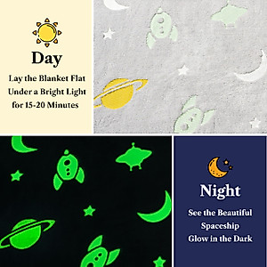 PAVILIA Glow in the Dark Blanket, Spaceship Space Gift for Girls Boys, Toy Blanket for 1 2 3 4 5 6 7 8 9 10 Year Old Boy, Soft Plush Fleece Kids Gift Blanket for Birthday, Christmas, Room Decor, 50x60
