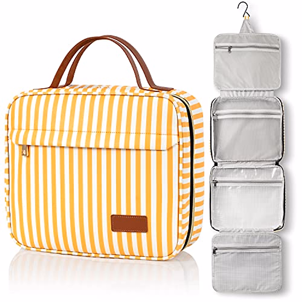 WDLHQC Hanging Travel Toiletry Bag with Hook | Water Proof Zip Bag with 4 Compartments + 2 Outer Zip Pockets | Cosmetic Travel Bag for Toiletries | Travel Essentials for Women & Men (Yellow Stripe)