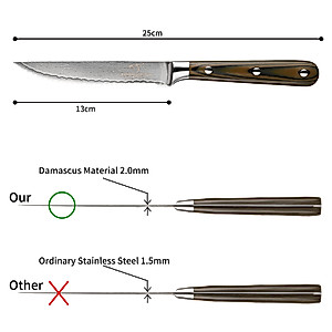 Damascus Serrated Steak Knife Set of 6 with Case, 5 Inch Serrated Steak Knife, 67 Layers Steel Blades Hand-sharpened to 15°, Non-slip G10 Ergonomic Triple Rivet Handle for Gift, Natural Wooden Box