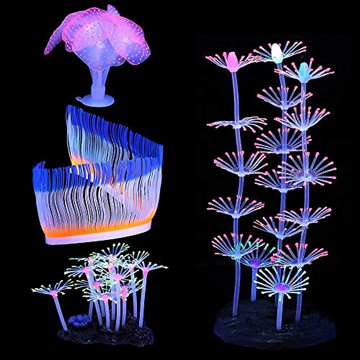 Filhome Glowing Fish Tank Decorations Plants, 4 pcs Glow Aquarium Decoration Plants Kit Glowing Sea Anemone Coral Ornaments