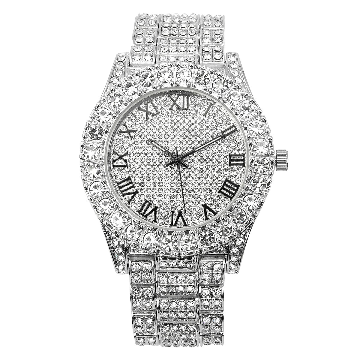 Bling-ed Out It's Lit! Hip Hop Watch & Jewerly Set w/Cuban Chain Bracelet, Kite Bling Earrings & Ring - GJM13 (9, ST10327RN SLV BLK R#)