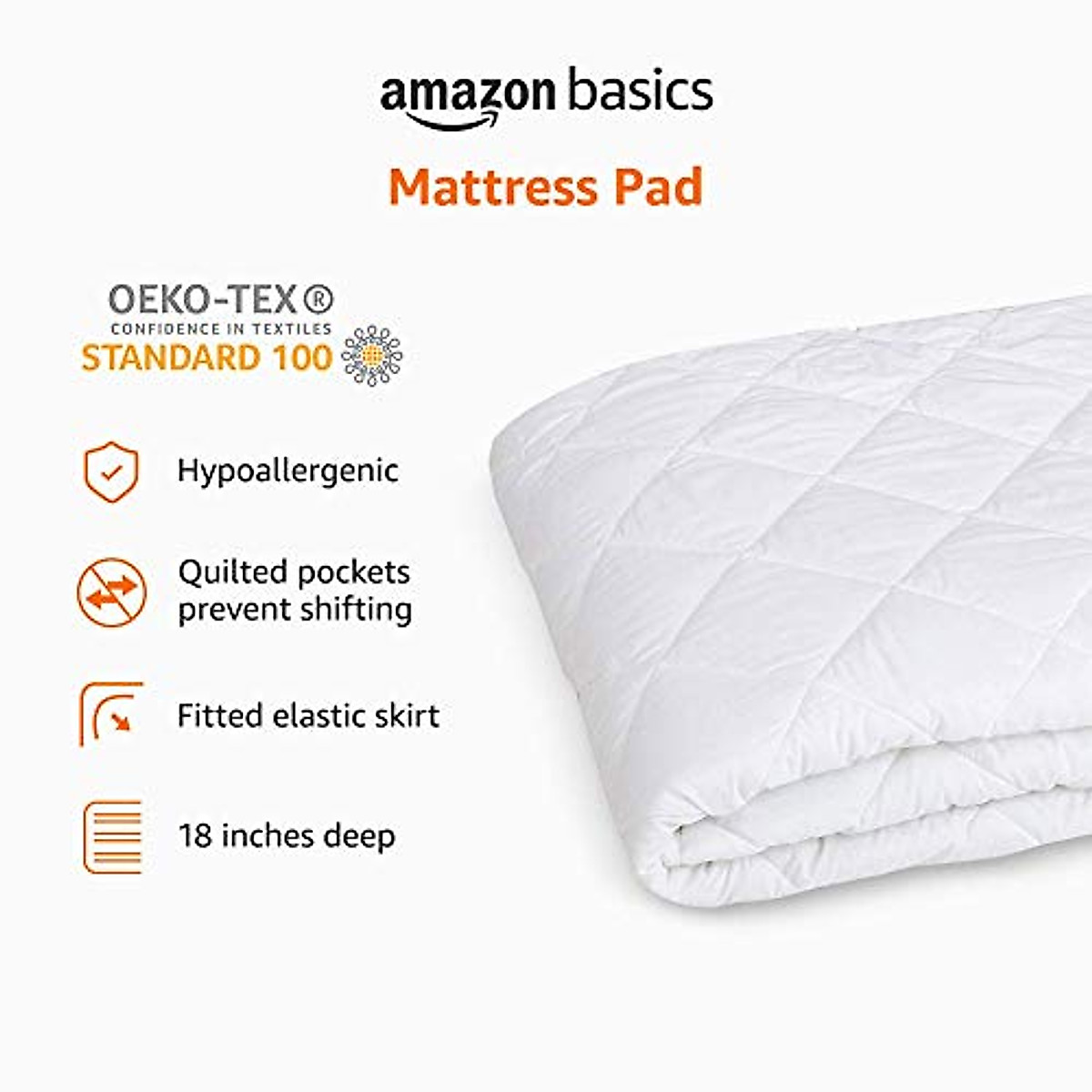 Amazon Basics Hypoallergenic Quilted Mattress Topper Pad Cover - 18 Inch Deep, King, White