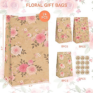 VGOODALL 24PCS Floral Gift Bags, Kraft Paper Treat Bags Party Favor Bags Lunch Bags with Stickers for Weddings Birthday Baby Shower Party Supplies