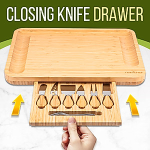 NutriChef Natural Bamboo Cheese Board Set with Bonus Condiment Cup-Extra Large Size 100% Home Organic Wooden Plate and Charcuterie Tray with 4 pcs Cutting Knife Slicer