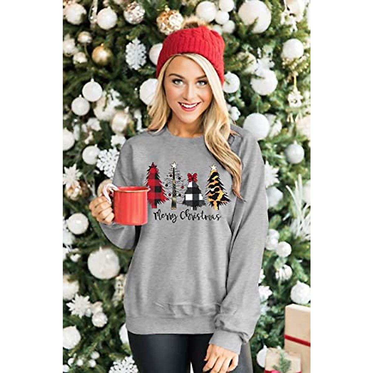 KIDDAD Merry Christmas Sweatshirt for Women Long Sleeve Drop Shoulder Ugly Christmas Tree Pullover Lightweight Shirt Top… Grey