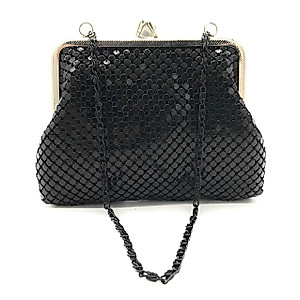X-Small Women clutch metal mesh purse Hand strap carry for Cocktail Party Prom Wedding Banquet (Black)