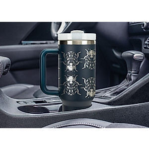 Elanze Designs Floral Beetle Bug Insect 40 oz. Stainless Steel, Large Water Bottle Coffee Mug, Spill & Leak Resistant, Thermal Travel Tumbler with Handle, Lid & Straw, Navy Blue