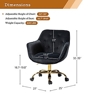 HULALA HOME Velvet Office Chair with Gold Base, Modern Cute Mid-Back Desk Chair, Adjustable Swivel Task Chair for Living Room, Bedroom, Study, Vanity, Black