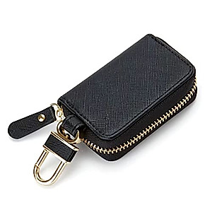 Cute Car Key Case for Girls and Women, Genuine Leather Embroidered Car Smart Key Chain Keychain Holder, Metal Hook and Keyring Zipper Bag for Remote Key Fob - Black