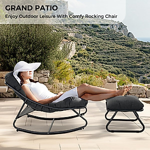 Grand patio Rocking Chair with Foot Stool, Metal Rocking Chair with Cushion and Foot Rest, Comfy Lounge Rocking Chair Outdoor Indoor, Great for Living Room Porch Patio, Dark Gray