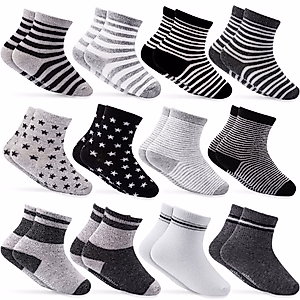 CUBACO Baby Socks, 12 Pairs Non Skid Anti Slip Cotton Grip Socks for Toddler Baby Toddler Socks Baby Boy Socks 12-24 months Toddler Socks with Gripper