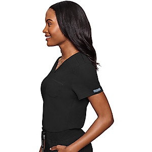 Med Couture Women's V-Neck Scrub Top, Modern Fit Tuck-in Top with Stretchy Rib-Knit Shoulders and Chest Pocket - MC7448, Black, Small