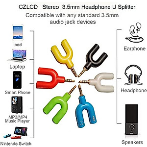CZLCD 6Pack Multicolour 3.5mm Headphone U Splitter, 3.5mm Male to Dual Female Stereo Jack Adapter Converter for Audio Stereo Headphones and MIC