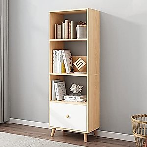 IOTXY 4-Tier Open Shelves Bookcase - 59 Inches Height Modern Floor Standing Cubes Wooden Mid Bookshelf with Storage Drawer and Legs, Oak
