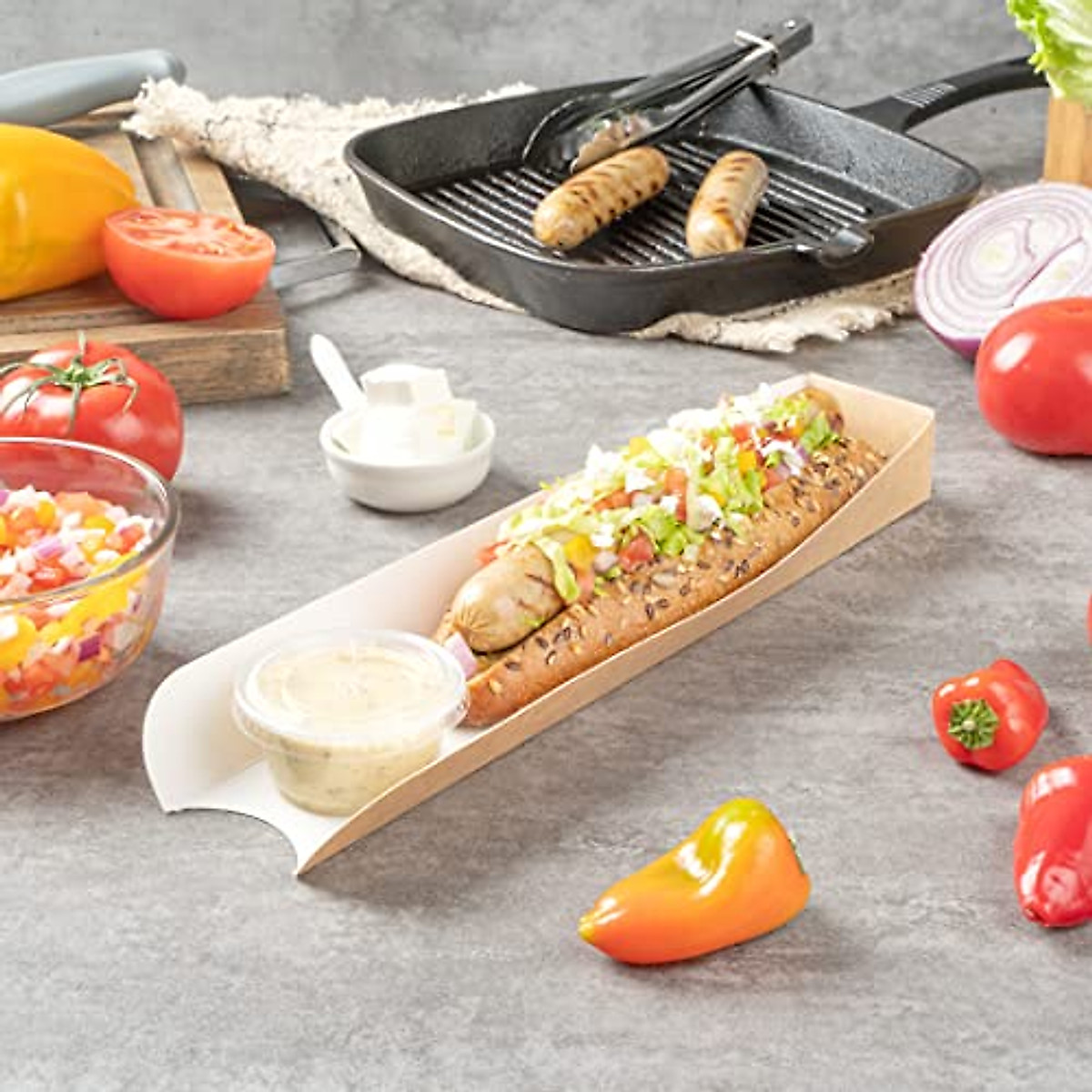 Restaurantware Bio Tek 11.8 x 2 x 1.3 Inch Hot Dog Trays 200 Open-Design Hot Dog Containers - Greaseproof Recyclable Kraft Paper Hot Dog Serving Trays