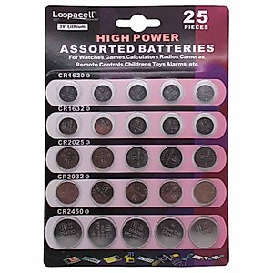 Loopacell High Power Button Cell 3V Lithium Assorted Battery CR2032 CR2025 CR2450 CR1620 CR1632, 25 Piece Set