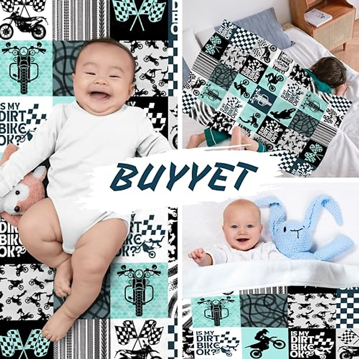 Buyyet Cool Dirt Bike Blanket,Extreme Sport Motorcycle Gift Blanket for Kid Men,Racing Themed Patchwork Grid Blanket Motocross Rider Plaid Blanket Motorcycle Silhouette Blanket 40''x 50''for Kid/Child