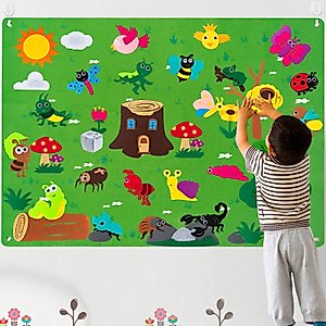 WATINC Insect Teaching Felt Board Story Set 3.5 Ft 45Pcs Preschool Bug Animals Caterpillar Bee Butterfly Dragonfly Storytelling Flannel Early Learning Play Kit Wall Hanging Gift for Toddlers (Green)