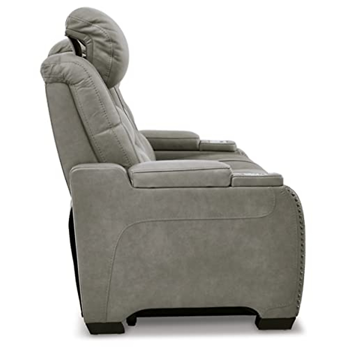 Signature Design by Ashley The Man-Den Leather Power Reclining Sofa with Adjustable Headrests & Wireless Charging, Gray