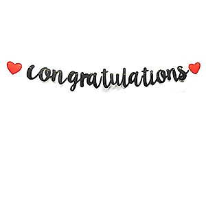Congratulations Banner Black Letters & Red Symbol Hanging Paper Sign Decorations for Graduation, Achievement Party Celebrations, Wedding, Retirement, Bridal Shower, Shower Pre-Strung