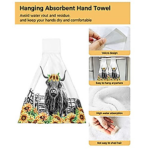 2PCS Hand Tie Towels for Bathroom Kitchen-Farm Highland Cow Sunflowers Decor Hanging Towel Tea Bar Dish Cloth Soft Coral Fleece Absorbent Washcloth,Black White Animals