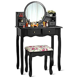 CHARMAID Vanity Set with 4 Storage Shelves and 4 Drawers, Makeup Table with 360° Pivoted Round Mirror and Makeup Organizers, Dressing Table with Mirror and Cushioned Stool for Women Girls (Black)