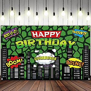 Yriujul 72x43inch Fabric Ninja Superhero Birthday Backdrop Green Comics Cityscape Buildings Photography Background Boy Kids Party Decorations Photo Banner Props