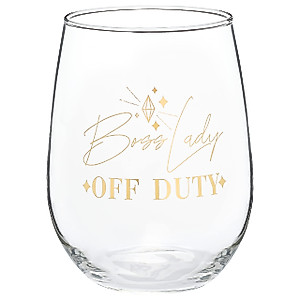 Loco Llama Boss Lady Off Duty Stemless Wine Glass | 17oz Tumbler with Inspirational Quote | Embellished with Real Gold | Self Care Gift For Working Women, Entrepreneurs & Business Owners