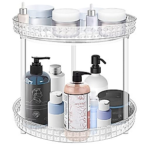 SPLF 2 Tier Lazy Susan Bathroom Organizer, 9.25 Inch Clear Spice Rack Turntable for Cabinet, Detachable Lazy Susan for Refrigerator, Decorative Rotating Perfume Organizer for Makeup, Skincare