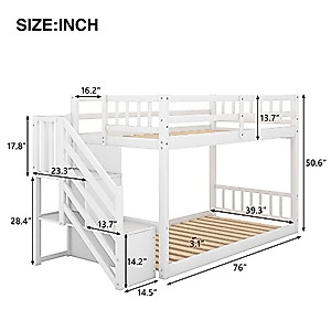 Twin Over Twin Floor Bunk Bed with Storage Shelves,Low Bunk Bed Frame with Stairs and Guardrails for Bedroom, Dorm, Kids, Teens, No Box Spring Required