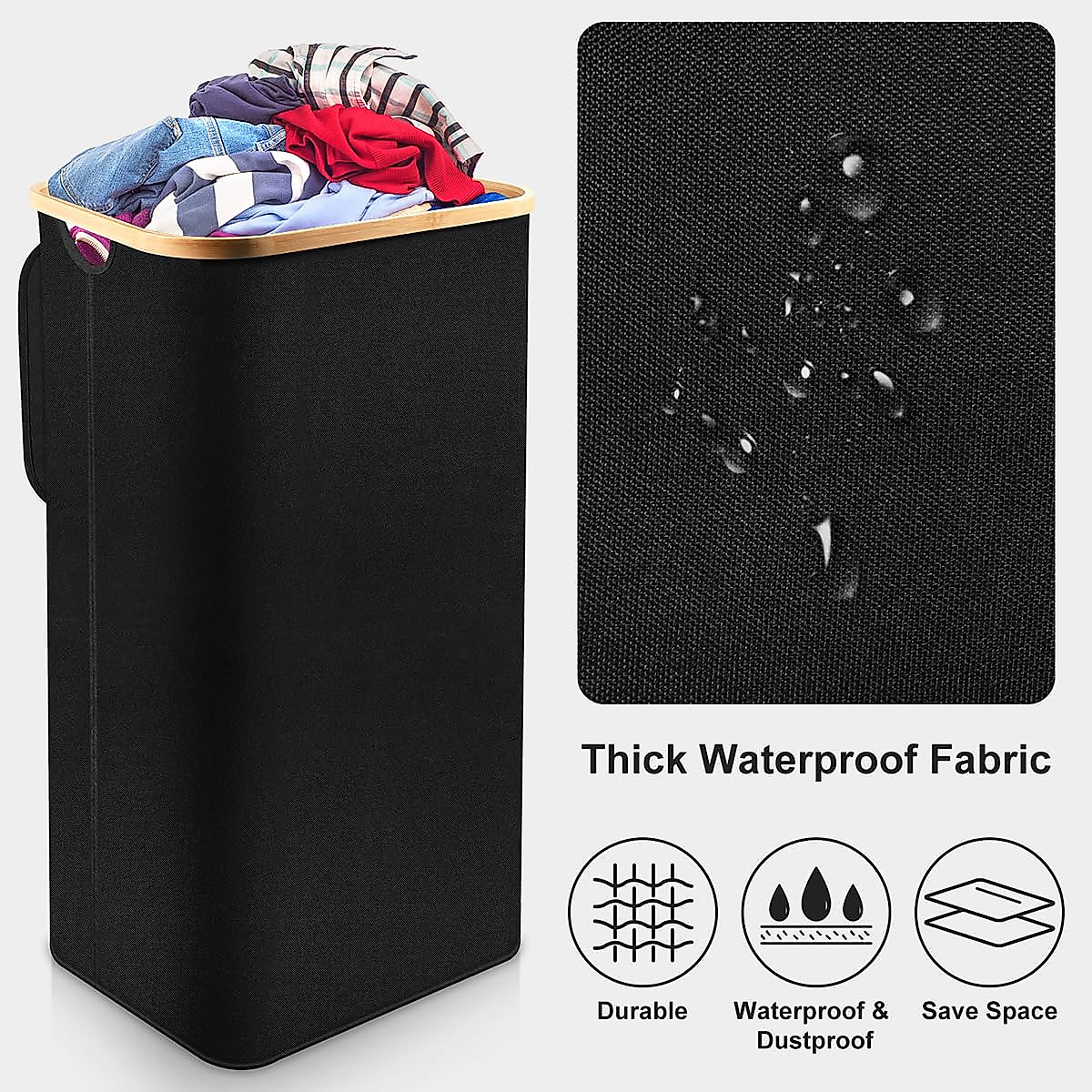 Large Laundry Basket with Lid - 100L Dirty Clothes Hampers for Laundry with Removable Laundry Bag and Bamboo Handles, Foldable Laundry Basket for Bedroom, Bathroom, Dorm, Laundry Room (Black)