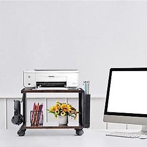 Printer Stand with Storage Bag Under Desk Printer Table on Wheels 2 Tier Small Desktop Rolling Stand Shelf for Fax Machine Scanner Files (Brown)