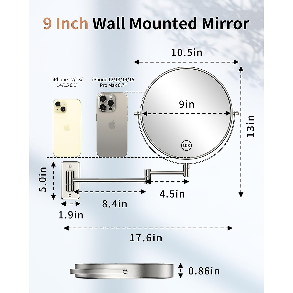 Benbilry 9" Large Size Wall Mounted Makeup Vanity Mirror, 1X/10X Magnifying Double Sided Shaving Mirror for Bathroom, 360° Swivel Extendable Arm Nickel Finish