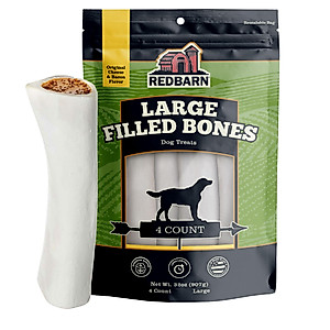 Redbarn Large Filled Dog Bones, Cheese & Bacon Flavor - Long Lasting Stuffed Femur Chew Treat Made in USA - 4 Count - Packaging May Vary
