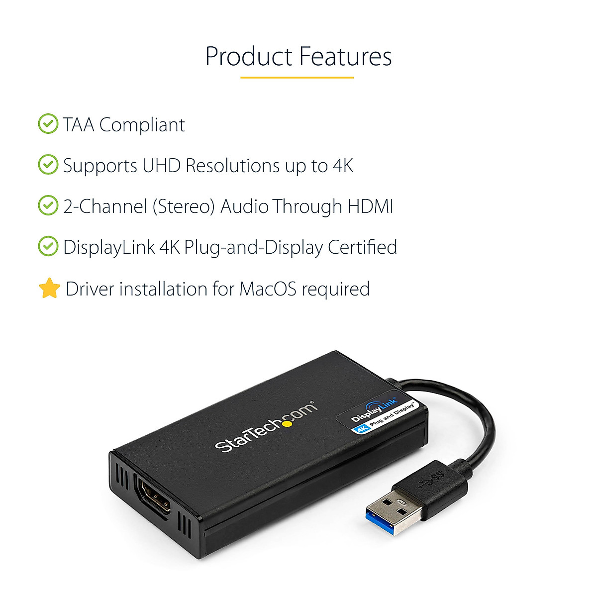 StarTech.com USB 3.0 to HDMI Adapter, 4K 30Hz UHD, USB to HDMI Display Adapter, External Adapter for Mac & Windows, TAA