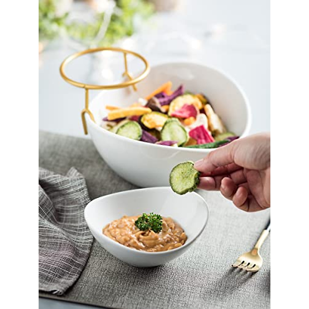 Miamolo Porcelain Serving Bowl Set for Appetizer Serving Dishes Set with 2 Compartment, Chip and Dip Taco Rack Display Salad Bar Serving Set, Gold Stand