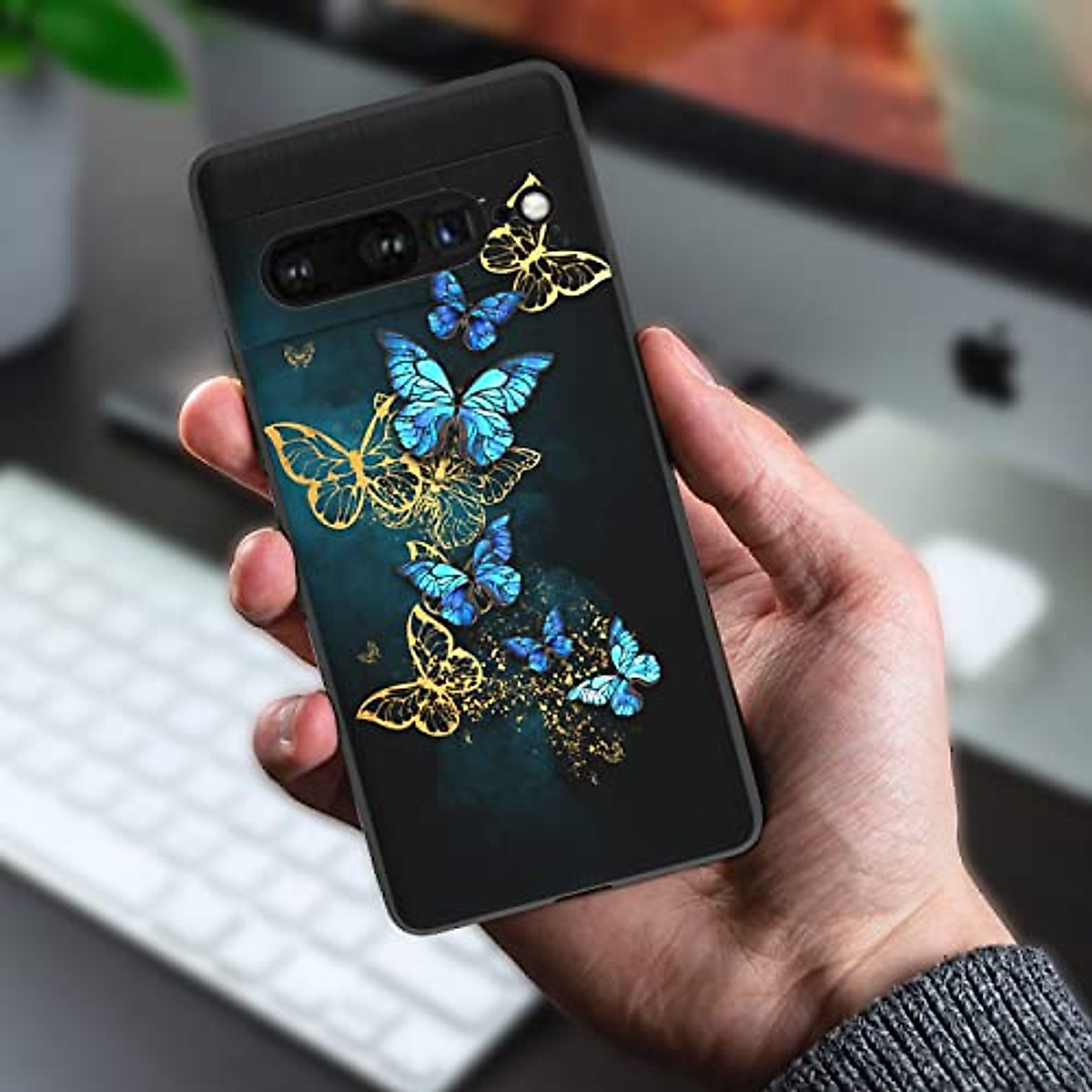 NKase for Google Pixel 7 Pro Case 2022, Google Pixel 7 Pro Case Full Body Matte Soft TPU Flexible Non Slip Bumper Shockproof Protective Pixel 7 Pro Phone Case, Gold/Blue Butterfly