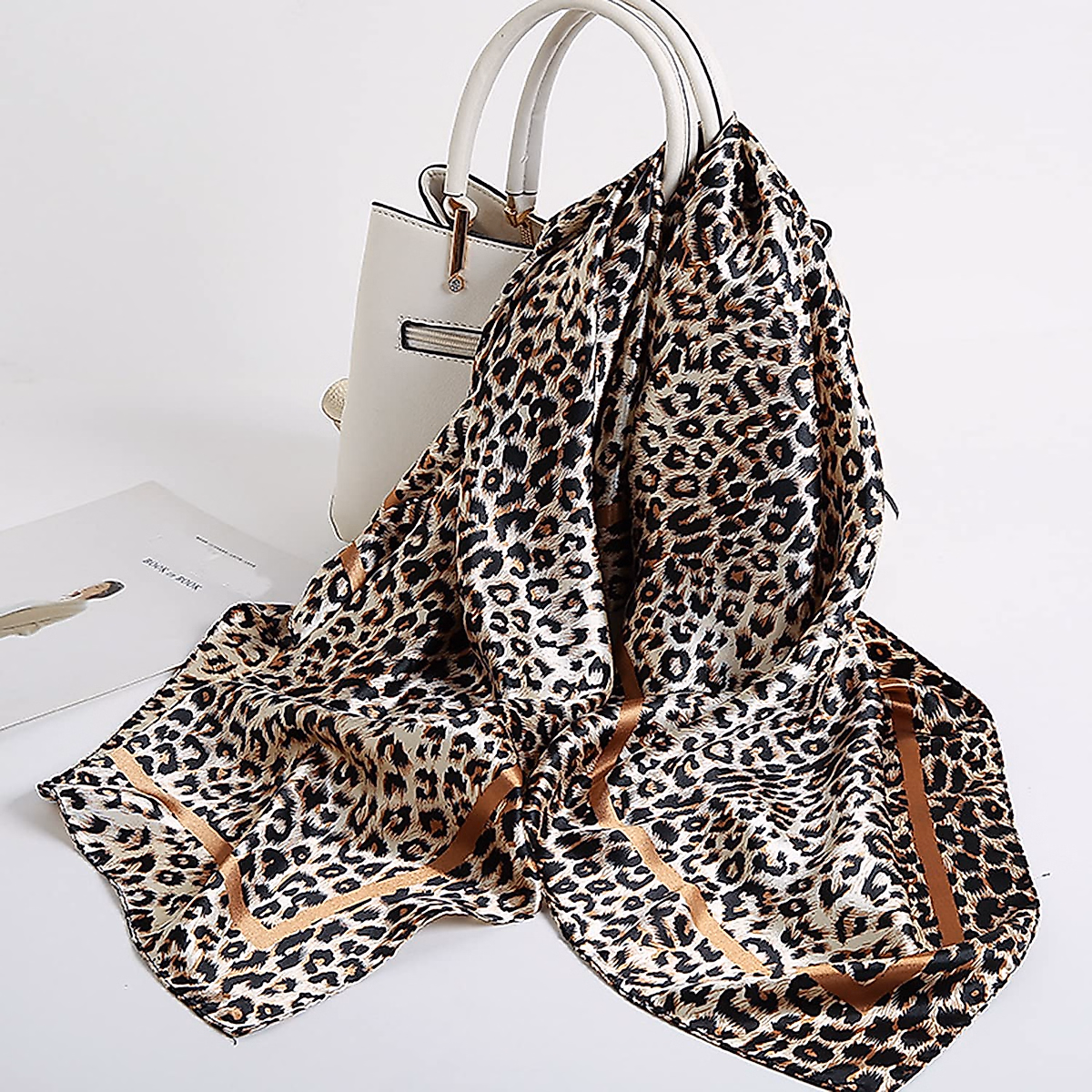 woogwin 2 Pack 35" Satin Silk Like Hair Scarf Bandana Light Head Wraps Neck Face Scarves Cover for Women (2pcs Leopard Coffee)