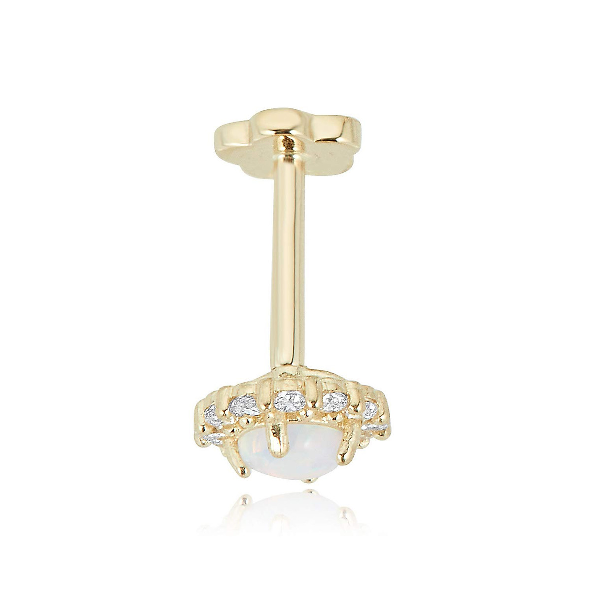 AVORA 14K Yellow Gold Simulated Opal and Simulated Diamond CZ Halo Cartilage Piercing Flat Back Earring Body Jewelry (18 Gauge)