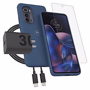 Motorola Edge (2022) Soft Protective Dusk Blue Case + 9H Glass Screen Protector + TurboPower 30W Charger and 3.3ft USB-C Cable Bundle (Not for Edge+ (Plus) 2022)